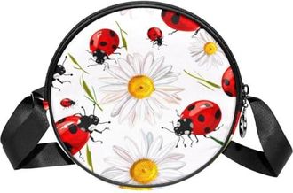 Generic Sac &agrave; bandouli&egrave;re rond pour femme, motif coccinelles, fleurs, petit sac &agrave; bandouli&egrave;re avec fermeture &eacute;clair, bretelles r&eacute;glables, sac &agrave; main rond d&eacute;co