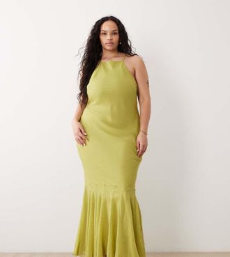 Asos Curve ASOS DESIGN Curve - &Auml;rmelloses Chiffon-Maxikleid in Gr&uuml;n mit Godet-Saum