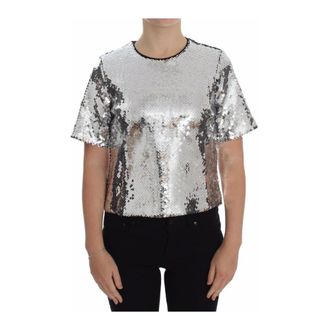 Dolce & Gabbana Femme, Tops, Gris, Taille: 36 FR Blouse T-shirt Argent à Sequins et Col Bateau