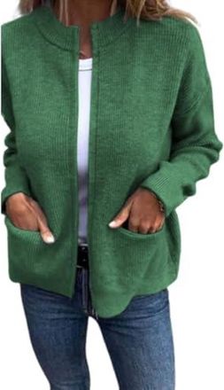 Generic Veste en Maille &agrave; col Rond et Fermeture &eacute;clair, Pull zipp&eacute; uni pour Femme, Veste Tendance &agrave; col Rond avec Poches (Green,Taille Unique)