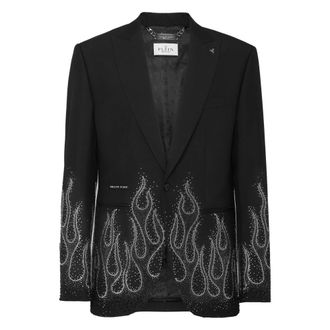 Philipp Plein Homme, Vestes, Noir, Taille: 4XL Gabardine Blazer LS Strass Flame
