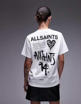 AllSaints Boyfriend-T-Shirt in Weiß mit Poster-Grafik