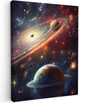 MuchoWow © Wandbilder 50x70 cm Schlafzimmer Home Deko Wohnung Bild Wohnzimmer Fotoleinwand Wand Bilder Leinwand Wall Decor Weltraum - Planeten - Neon - Sterne