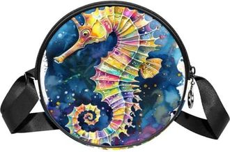 Generic Petit sac &agrave; bandouli&egrave;re rond pour femme, motif hippocampe, sac &agrave; dos &agrave; bandouli&egrave;re r&eacute;glable avec fermeture &eacute;clair, sac &agrave; main rond d&eacute;contract&eacute; pour fe