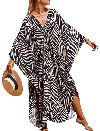 Bsubseach Damen V-Ausschnitt Kaftan Strandkleid Boho Floral Lange Plus Gr&ouml;&szlig;e Pareos Lose Tunika Maxikleid Schwarzbrauner Zebra