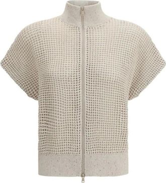Brunello Cucinelli Femme, Pulls, Beige, Taille: 42 FR Cardigan en maille de coton avec fermeture boutonn&eacute;e