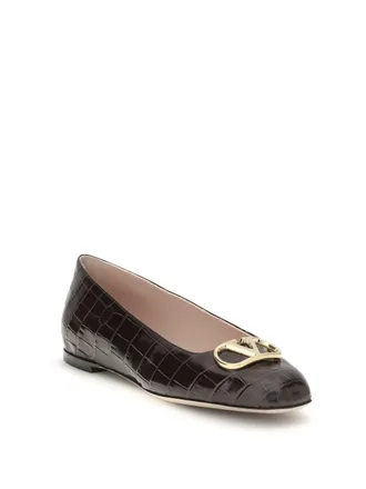 Valentino Garavani Womens Vlogo Signature Croc-Effect Ballerinas Oak Brown Flat Shoes