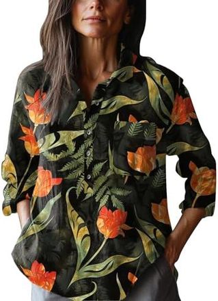 Generico Chemise Femme &Eacute;l&eacute;gant &agrave; Manches Longues Blouse en Lin Coton D&eacute;contract&eacute; Respirant Chemises Col en V Mode T Shirt Vintage Imprim&eacute; avec Boutons L&eacute;ger Ch
