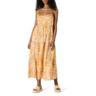 Amazon Essentials Damen Fit and Flare Empire-Taille Baumwollsatin gestuftes Maxikleid Goldgelb Beige Multi Folk Floral, Gr&ouml;&szlig;e L