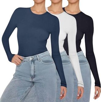 Generic Lot de 3 hauts basiques &agrave; manches longues et col rond pour femme - Chemises thermiques extensibles et ajust&eacute;es - Coupe ajust&eacute;e - Extensible - D&eacute;contra