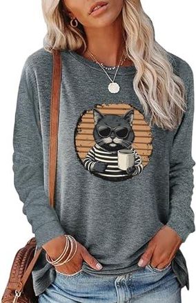 Generic T-shirt &agrave; manches longues pour femme, motif chat dr&ocirc;le et col rond | V&ecirc;tements tendance dautomne | Coupe ample | pour v&ecirc;tements de rue, gris, S