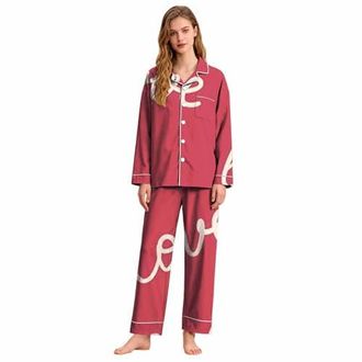 Generic Ensemble de pyjama 2 pi&egrave;ces en satin pour femme avec imprim&eacute; amour mignon, haut &agrave; revers et pantalon &agrave; boutons pour femme, v&ecirc;tements de d&eacute;tente d&eacute;cont