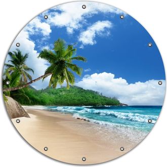 Wallario rundes Outdoor-Poster für Garten oder Balkon Urlaub auf den Seychellen unter Palmen am Sandstrand, Motivbanner 90 cm Durchmesser