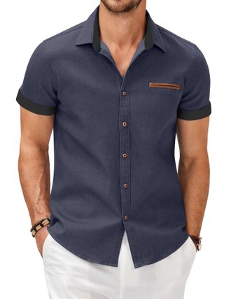Coofandy Hemd Herren Kurzarm Jeanshemd Kurzarm Regular Fit Sommerhemd Kurzarmhemd Freizeithemd Casual Denim Shirt Männer Baumwollhemd Herrenhemden Dunkelblau X