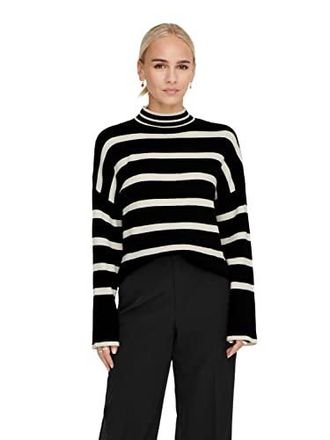 Only ONLIBI L/S HIGNECK Pullover CC KNT Sweater, Noir/Rayures : Blanc cassé, XL Femme