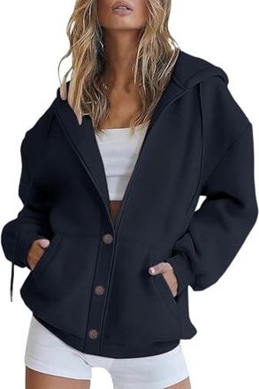 Generic Sweat-shirt &agrave; capuche pour femme Veste &agrave; capuche Bouton Veste &agrave; capuche Sweat &agrave; capuche Pull surdimensionn&eacute; Loisirs Sport T-shirt &agrave; manches longues Fe