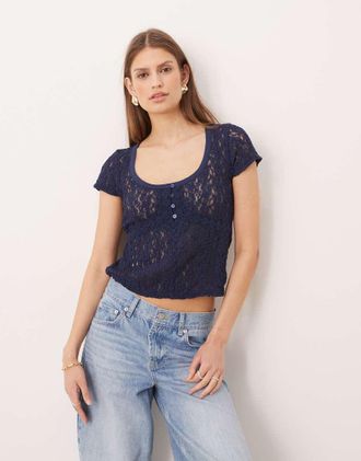 Free People Top en dentelle &agrave; manches courtes - Bleu marine
