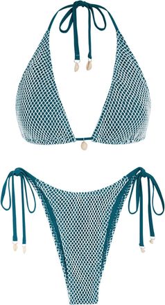 Zaful Damen-Triangel-Bikini Multiway Fischnetz seitlich gebunden Bandeau-Neckholder-String-Bikini-Set Zweiteiliger Badeanzug Badeanzüge(1-Dunkelgrün,S)