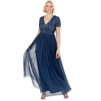 Maya Damenkleid für Hochzeitsgäste, Übergröße, Empire, Hohe Taille, Pailletten, Kurze Ärmel, Abendkleid, Brautjungfer, Robe de Demoiselle dhonneur Femme, F