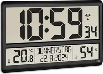 TFA Dostmann XL Wanduhr digital, 60.4520.01, mit Temperatur und Luftfeuchtigkeit, Wochentag (8 Sprachen), Funkuhr, gut ablesbar, groß, schwarz