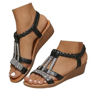 Generic Sandales compens&eacute;es pour femme 2026, strass scintillants, bride en T, sandales plates &agrave; bout ouvert, sandales orthop&eacute;diques habill&eacute;es avec sangle de c