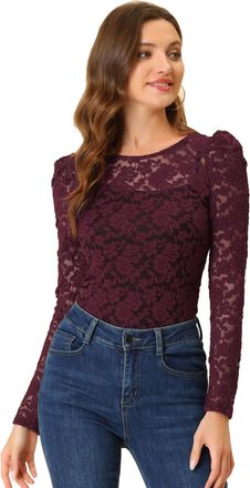 Allegra K Damen Spitze Semi Sheer Oberteil Langarm Stickerei Blumen Durchsichtig Bluse Shirt Burgund XS
