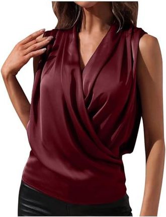 Generic D&eacute;bardeur en soie pour femme - Sans manches - Col b&eacute;nitier - Chemisier en satin de soie - T-shirt &eacute;l&eacute;gant &agrave; &eacute;paules d&eacute;nud&eacute;es - Chemises de travail de 