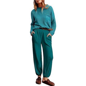 Generic Ensemble de surv&ecirc;tement d&eacute;contract&eacute; en coton et lin pour femme - Chemise de couleur unie - Pantalon large - Combinaison de loisirs pour femme, bleu ma