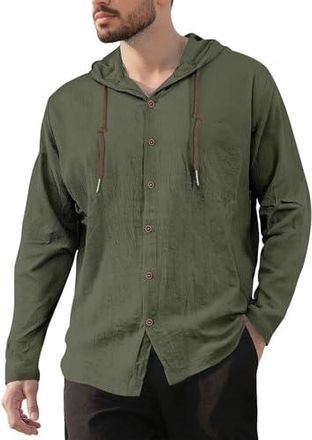 Generic Sweat &agrave; capuche en lin &agrave; manches longues boutonn&eacute;es pour homme | Sweat &agrave; capuche de plage l&eacute;ger pour l&eacute;t&eacute; - pour les voyages, vert militaire, 3XL