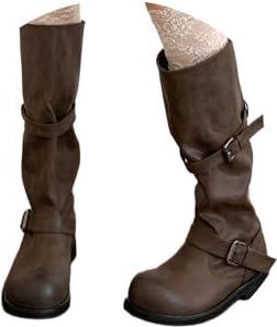 ORANDESIGNE Bottes Hautes Femme Similicuir Style Western Boucles D&eacute;coratives Talon Plat Confort Vintage Automne Hiver Chaussures Mode A Marrone 37 EU