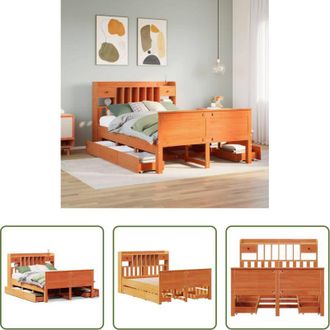 vidaXL Bett mit Regal - Massivholzbett mit Regal ohne Matratze Wachsbraun 140x190 cm