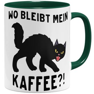 OM3 Wo bleibt Mein Kaffee?! Katzen Tasse mit Katzenmotiv - Keramik Becher - 325ml - Beidseitig Bedruckt - Grün
