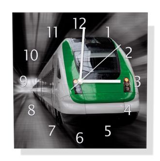 Wallario Design Wanduhr Fahrender Zug von vorn in gr&uuml;n - Perspektive von vorn aus Aluverbund, Alu-Uhr Gr&ouml;&szlig;e 30 x 30 cm, wei&szlig;e Zeiger mit Metalloptik