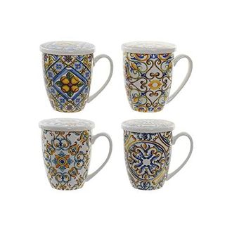 DKD Home Decor Tasse mit Filter für Tee, Porzellan, Blau, Edelstahl, Gelb, 4 Stück