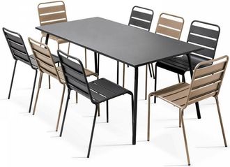 Oviala Ensemble table de jardin et 8 chaises en m&eacute;tal gris et taupe - Palavas