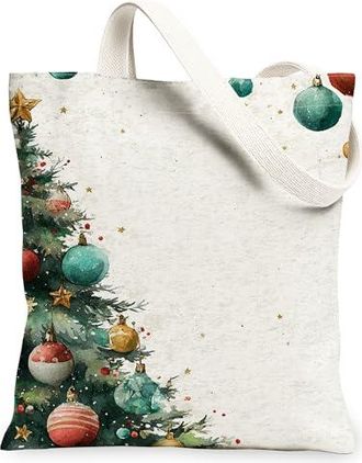 Generic Sacs fourre-tout en toile de No&euml;l, motif arbre de vacances, sacs d&eacute;picerie r&eacute;utilisables, amusants, vintage, l&eacute;gers, lavables avec bandouli&egrave;re, Blanc,