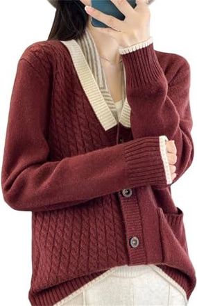 Generic Cardigan dhiver 100 % laine pour femme - Pull &eacute;pais tricot&eacute; &agrave; manches longues - Haut basique d&eacute;contract&eacute;, Sauce rouge, Taille XS