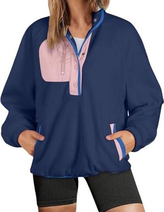 Generic Vestes pour femmes 2026 pour femmes, veste polaire pelucheuse surdimensionn&eacute;e, bloc de couleur, boutons, pull &agrave; manches longues, sweatshirts hauts, Bu