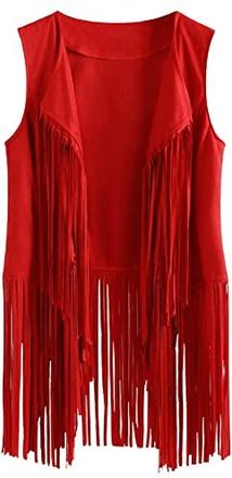 Feoya Femme Gilet à Franges Cardigan Ouvert sur Le Devant Hippie Faux Daim Vintage Gilet à Franges Gilet Long avec Glands Hippie Gilet Rouge M