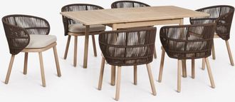 Sklum Set aus ausziehbarem Tisch 100-160x100 cm Karvia und 6 Esszimmerst&uuml;hlen aus Akazienholz und geflochtener Capri-Schnur Braun Choco