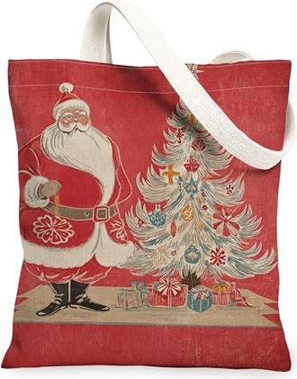 Generic Sacs fourre-tout en toile vintage de Noël, motif arbre de vacances et Père Noël, sacs dépicerie réutilisables, légers et lavables, Rouge, 13x15 Inch