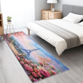Generic Tapis de Couloir Long 65 x 240 cm Tapis de Passage Lavable Antid&eacute;rapant Doux Romantique Paris onirique Roses Tapis pour Buanderie Cuisine Chambre, Col