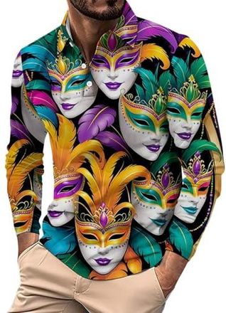 Generic Chemise &agrave; manches longues pour homme - Masque de carnaval - Imprim&eacute; plumes - Manches longues - Col 1/4 bouton - Pour f&ecirc;tes r&eacute;tro et occasions festives
