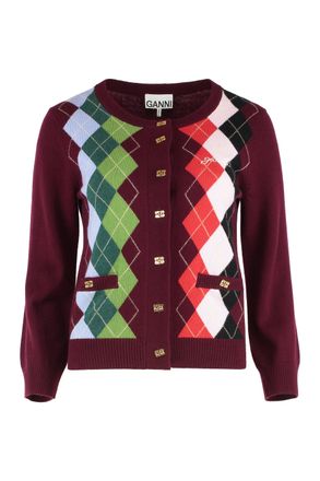 Ganni Wool and Cashmere Argyle Cardigan - Burgundy