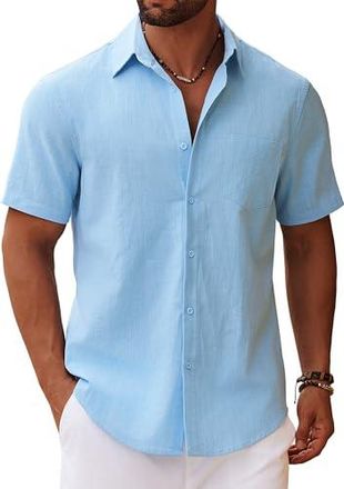 Coofandy Chemise Manche Courte Homme Chemise &Eacute;t&eacute; Leger Coton Chemise de Plage Chemise avec Poche Chemise Casual Classique Azur XXL