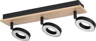 Eglo LED Deckenlampe Rielves, Deckenleuchte mit 3 Spots, Spotbalken schwenkbar, Deckenstrahler aus Holz in Braun und Metall in Schwarz, FSC-zertifiziert, w