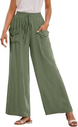 Generic Pantalon en coton et lin pour femme - Jambe large - Pantalon de plage d&eacute;t&eacute; confortable - Pantalon de yoga Palazzo - XIYU26072, Vert, XXL