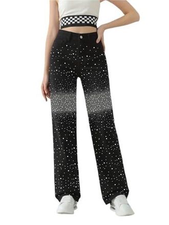 Generic Y2k Jeans Hot Diamond pour femme avec strass Taille haute Droite Jambe large Extensible Bling Denim Pantalon, Noir 2, XL