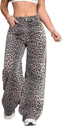 SOLY HUX Pantalon en jean pour femme - Taille haute - Jean large - Motif l&eacute;opard - Y2K - Pantalon cargo droit - Pantalon de loisirs streatwear, L&eacute;opard, XL