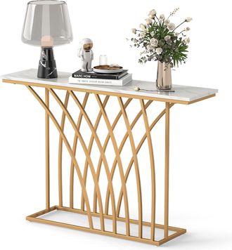 Giantex Konsolentisch, moderner Eingang mit Marmorimitat, geometrische Struktur aus vergoldetem Metall für Eingang, Wohnzimmer, Flur, 120 x 30 x 80 cm